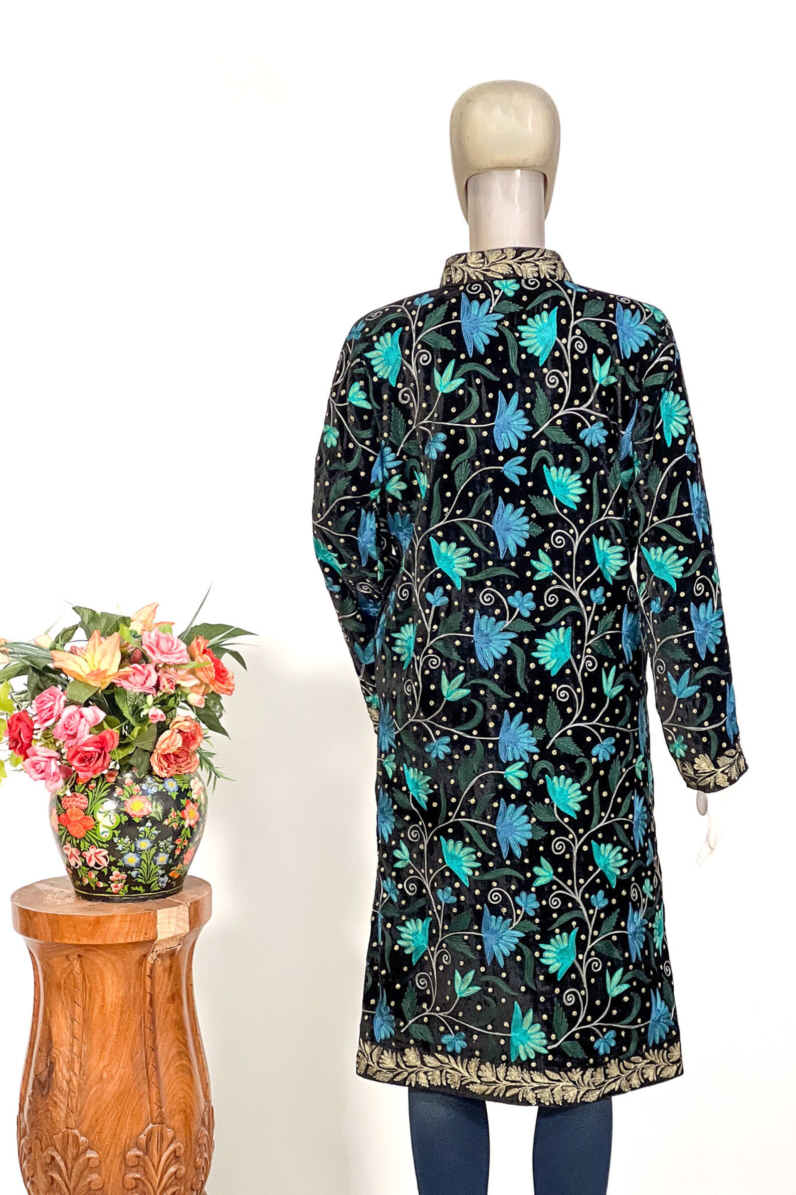 Long All Over Floral Embroidered Long Coat, Tilla Aari Work Kashmiri ...