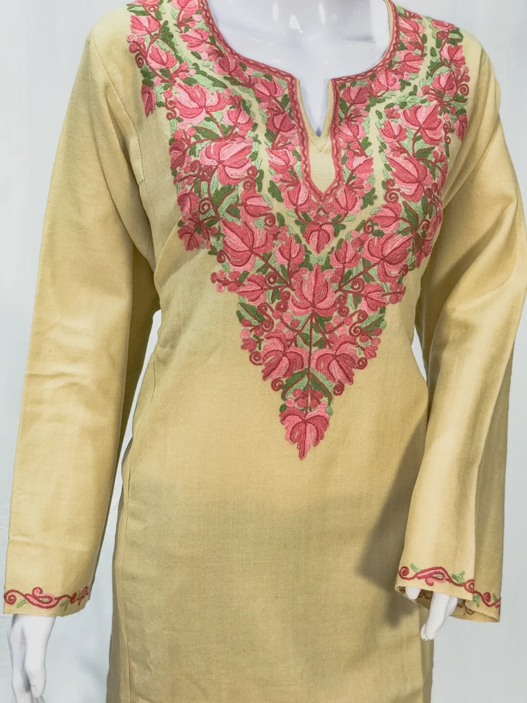 Cream Woollen Phiran With Multi-colour Aari Work, Comfortable Kashmiri ...