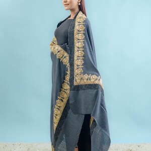 Melange Ash Grey Pure Wool Shawl With Tilla & Aari Embroidery, Kashmiri ...