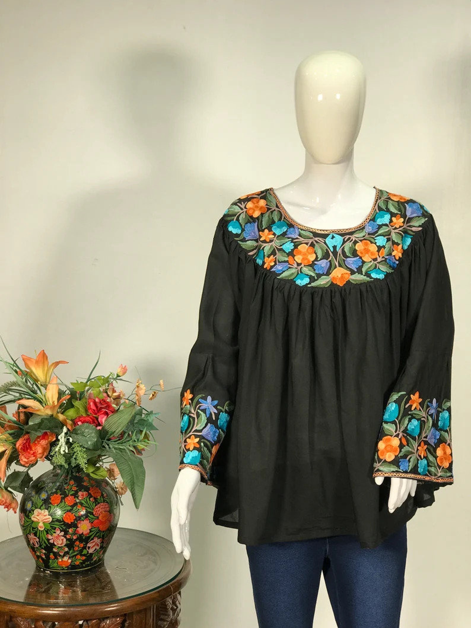 Bell Sleeves Tunic Top With Silk Thread Embroidery, Kashmiri Kurtas ...