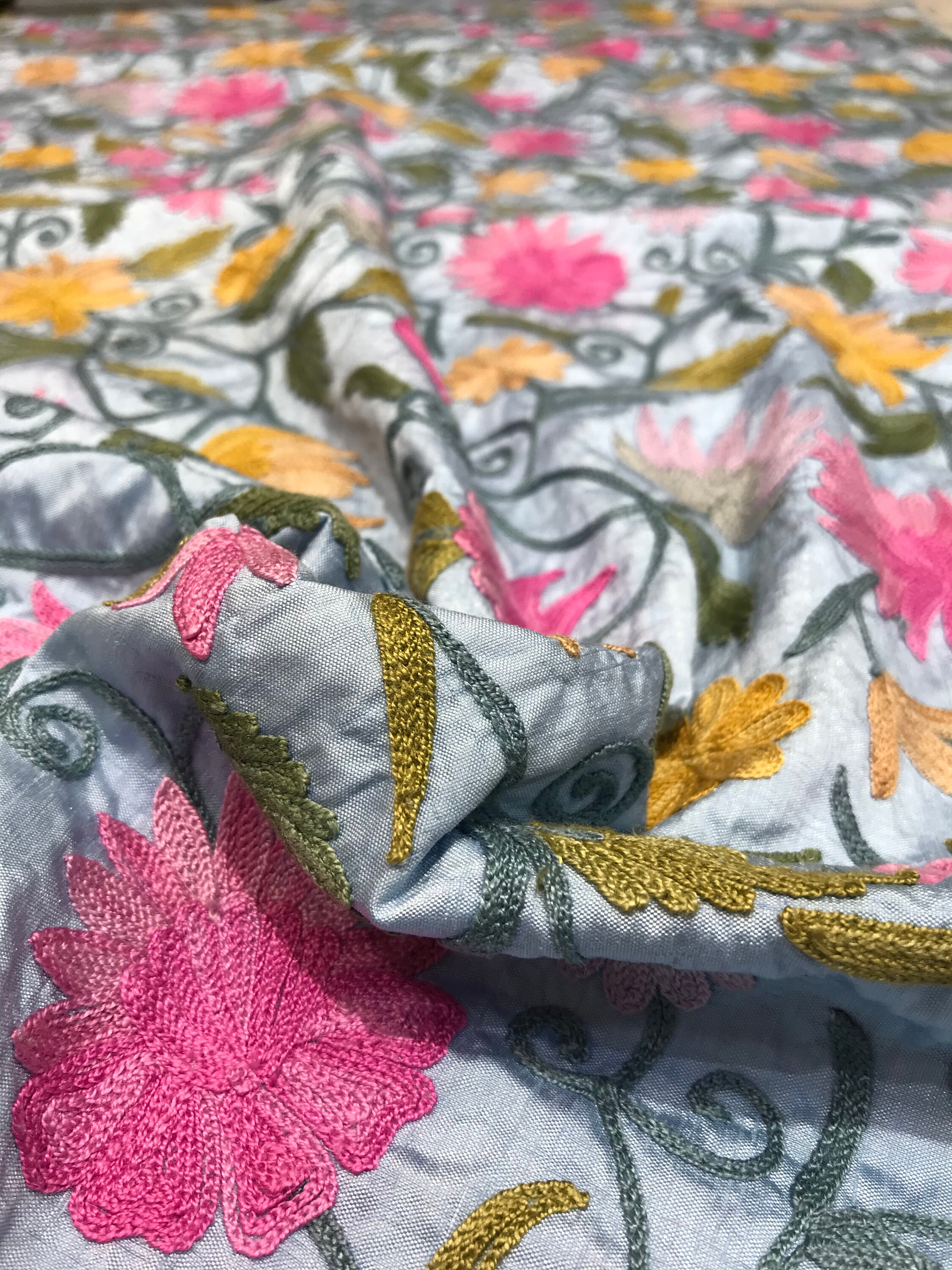 Kashmiri Floral Embroidered Raw Silk Running Fabric, Running Length ...