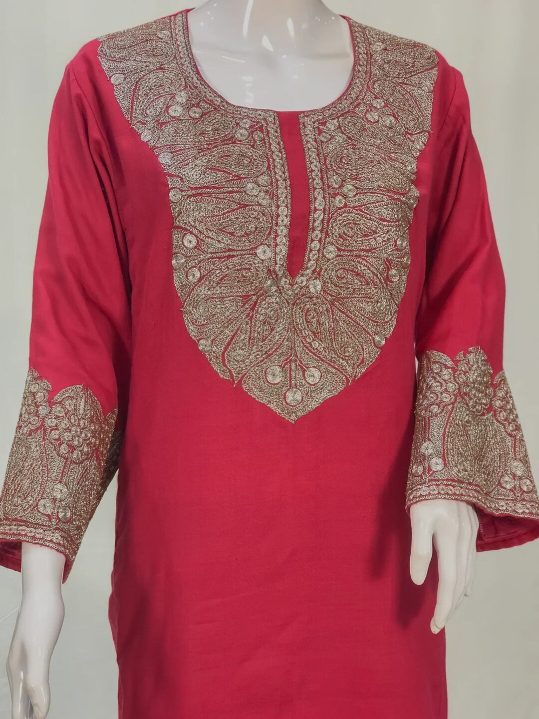 Pink Woollen Phiran With Silver Oxidised Tilla Work, Comfortable ...