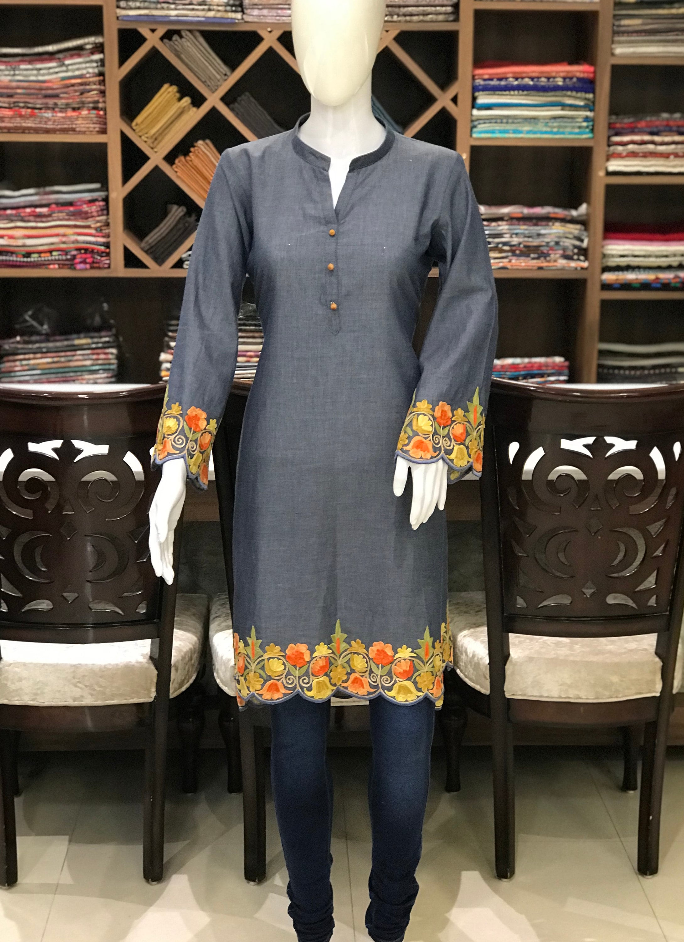 Denim Tunic Top Featuring Thread Embroidery With Scalping - Etsy