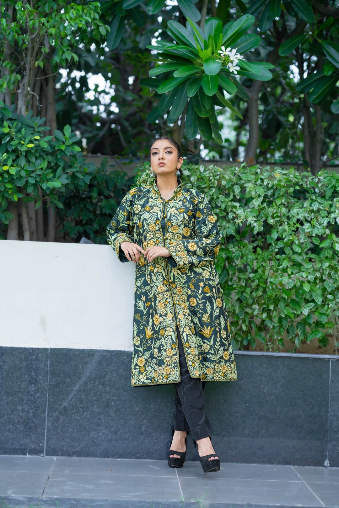 Green Floral Embroidered Long Coat With Hand Cut Daana, Indian Coat ...