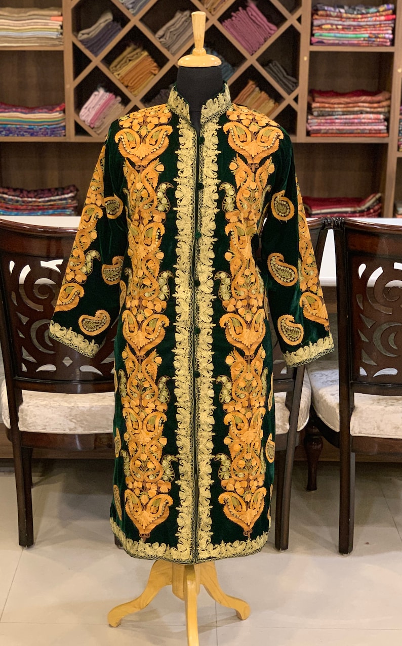 Green Velvet Coat, Long Coats, Embroidered Coat for Woman, Kashmiri ...