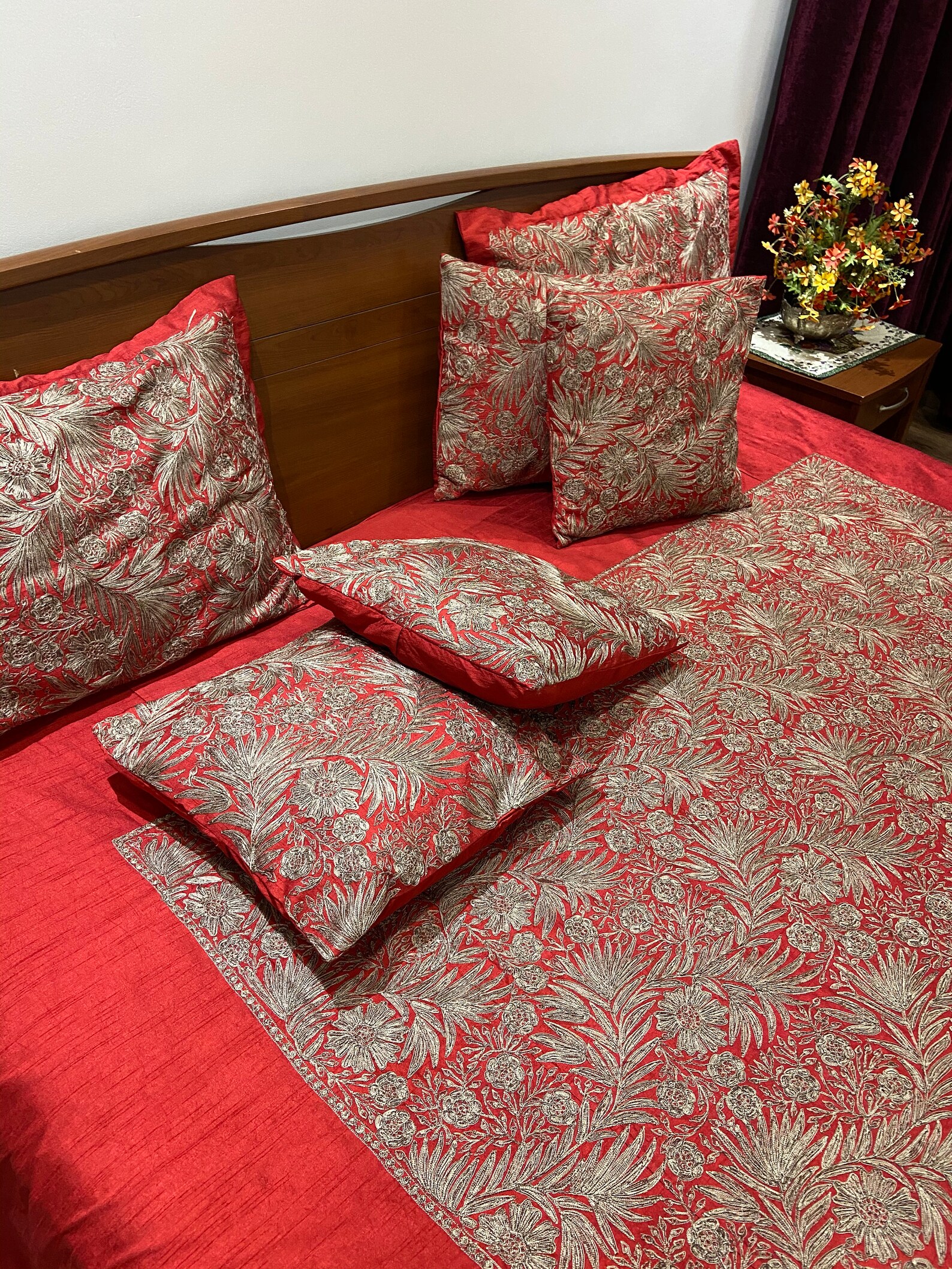Red Raw Silk Bed Cover With Silk Thread Floral Embroidery, Beautiful ...