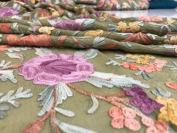 Kashmiri Aari Floral Jaal Embroidered Green Running Fabric Running Length Fabrics for Dresses Couture Embroidered Fabric Pastel Fabrics