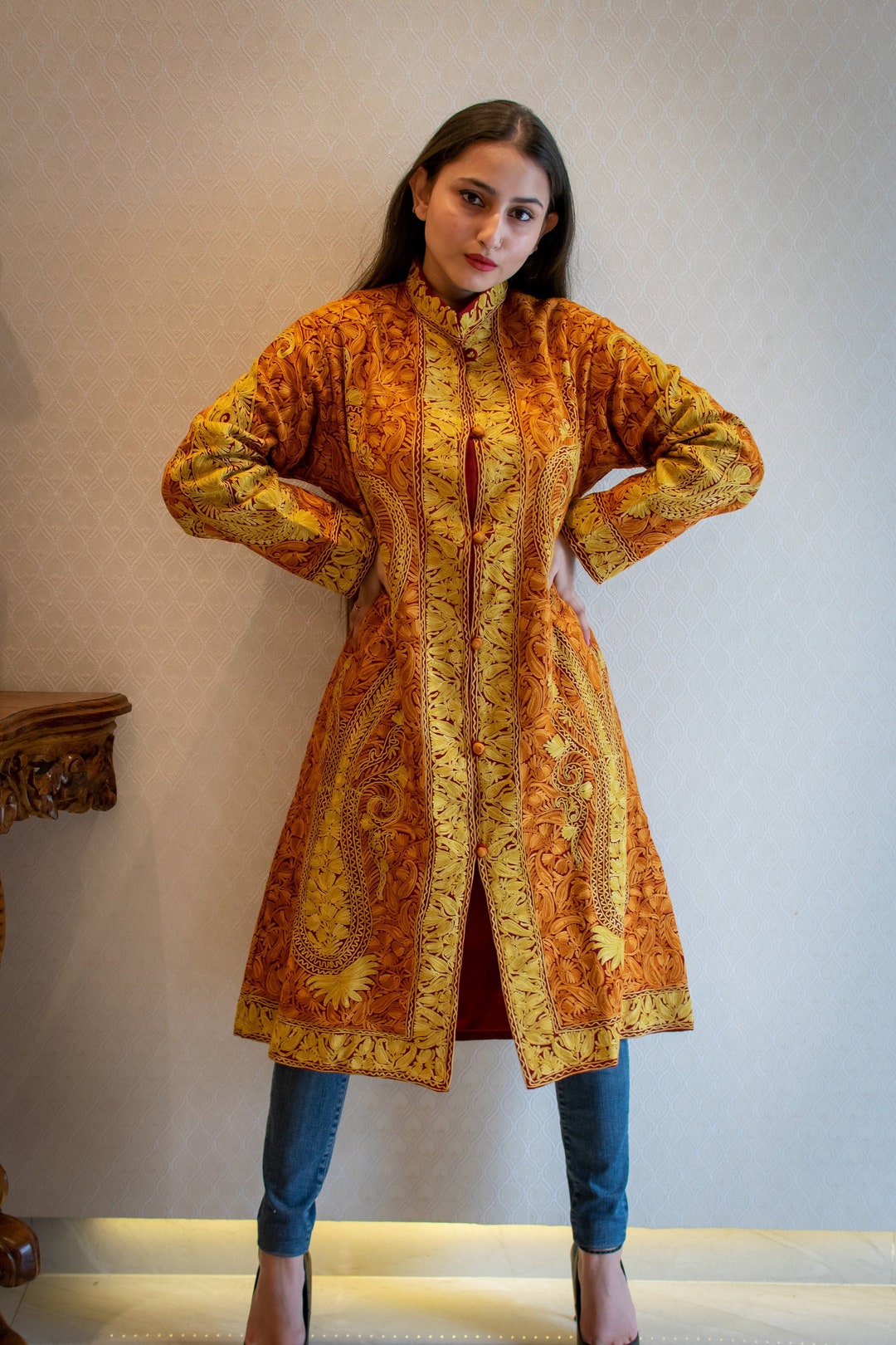 Kashmiri Jamawar Embroidered Coats, Long Coat, White Women Coat ...