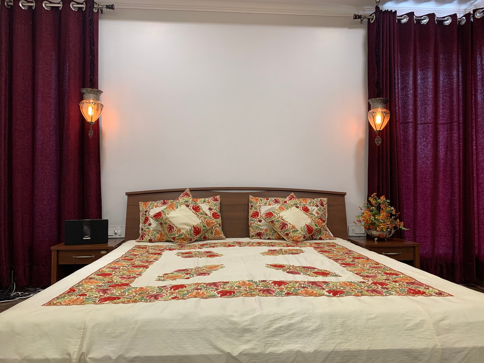 Raw Silk Bed Cover With Chinar Pattern Aari Embroidery - Etsy