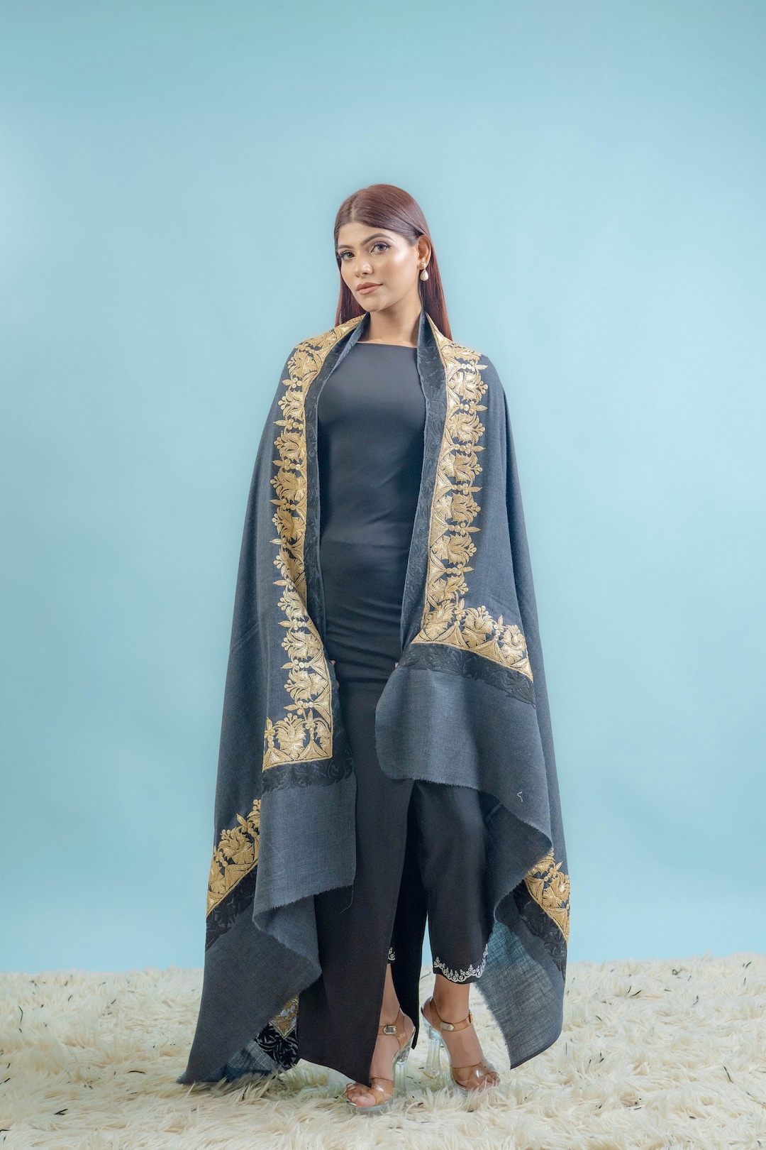 Melange Ash Grey Pure Wool Shawl With Tilla & Aari Embroidery, Kashmiri ...
