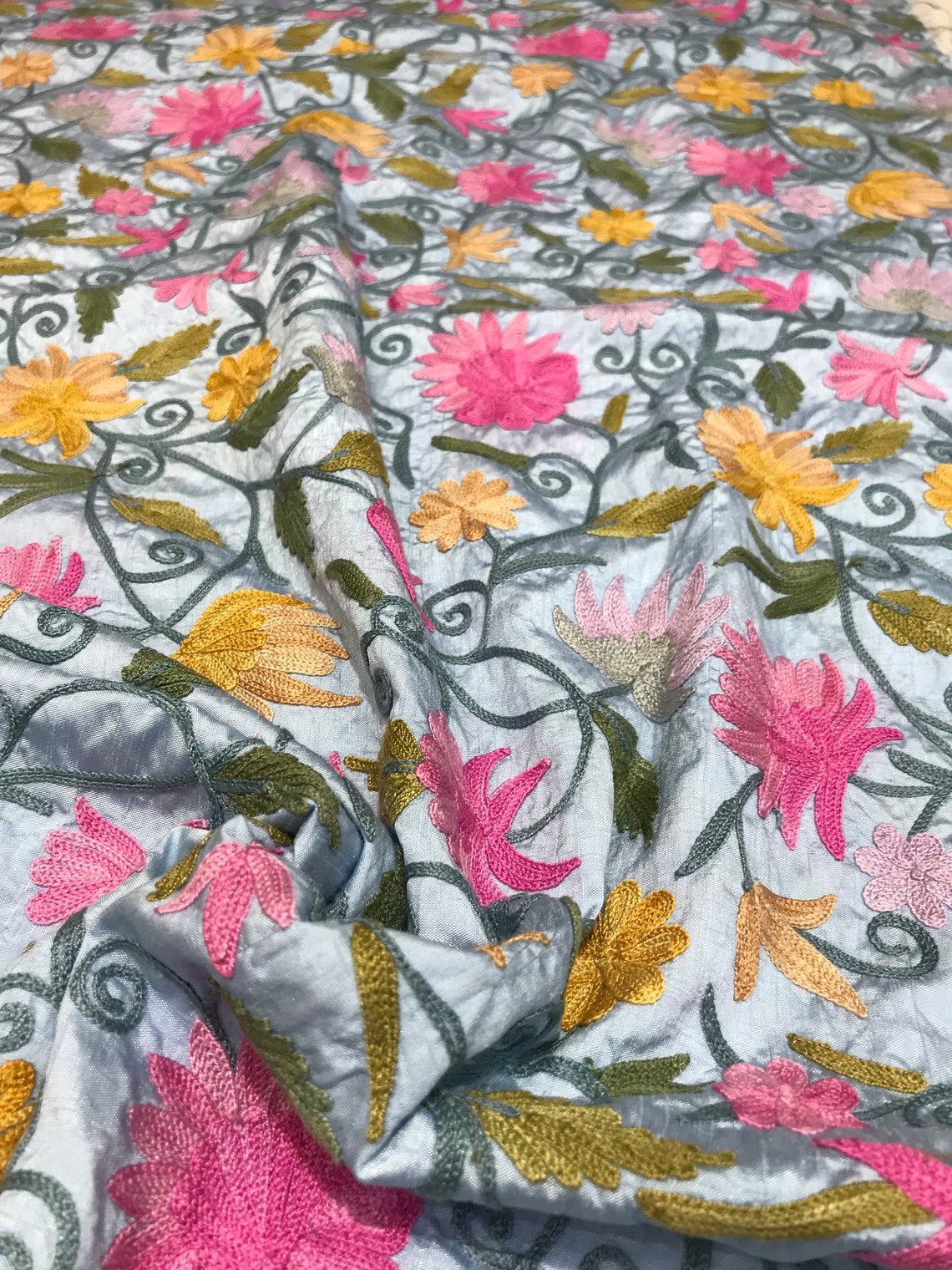 Kashmiri Floral Embroidered Raw Silk Running Fabric, Running Length ...