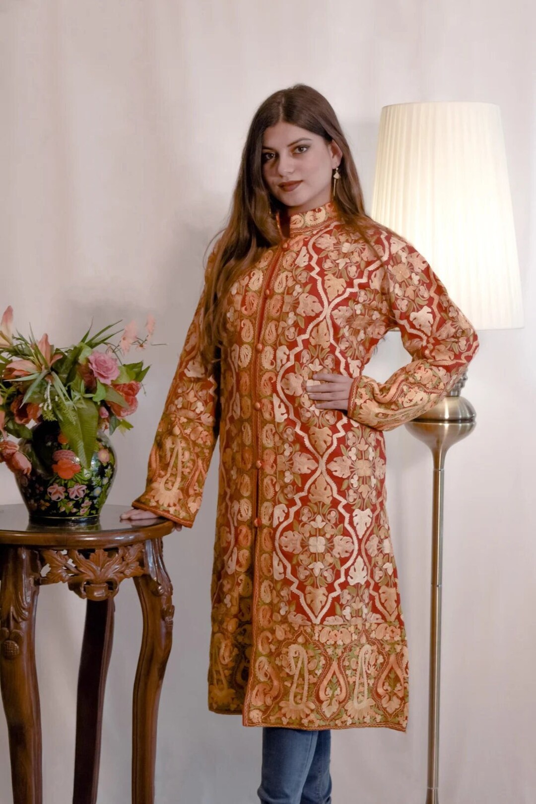 Red Kashmiri Coat, Aari Embroidered Coat, Kashmiri Long Coat, Women ...