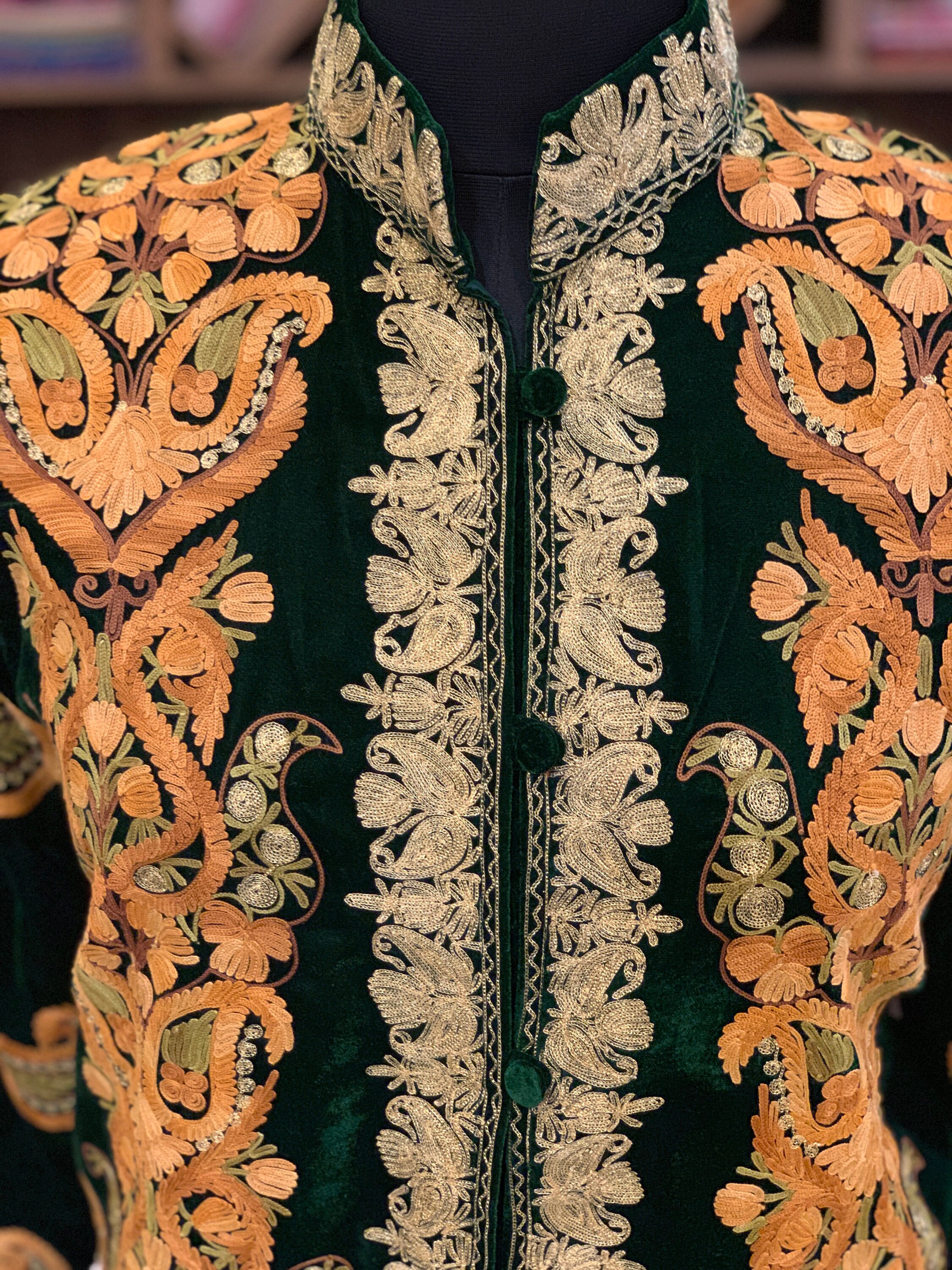 Green Velvet Coat, Long Coats, Embroidered Coat for Woman, Kashmiri ...