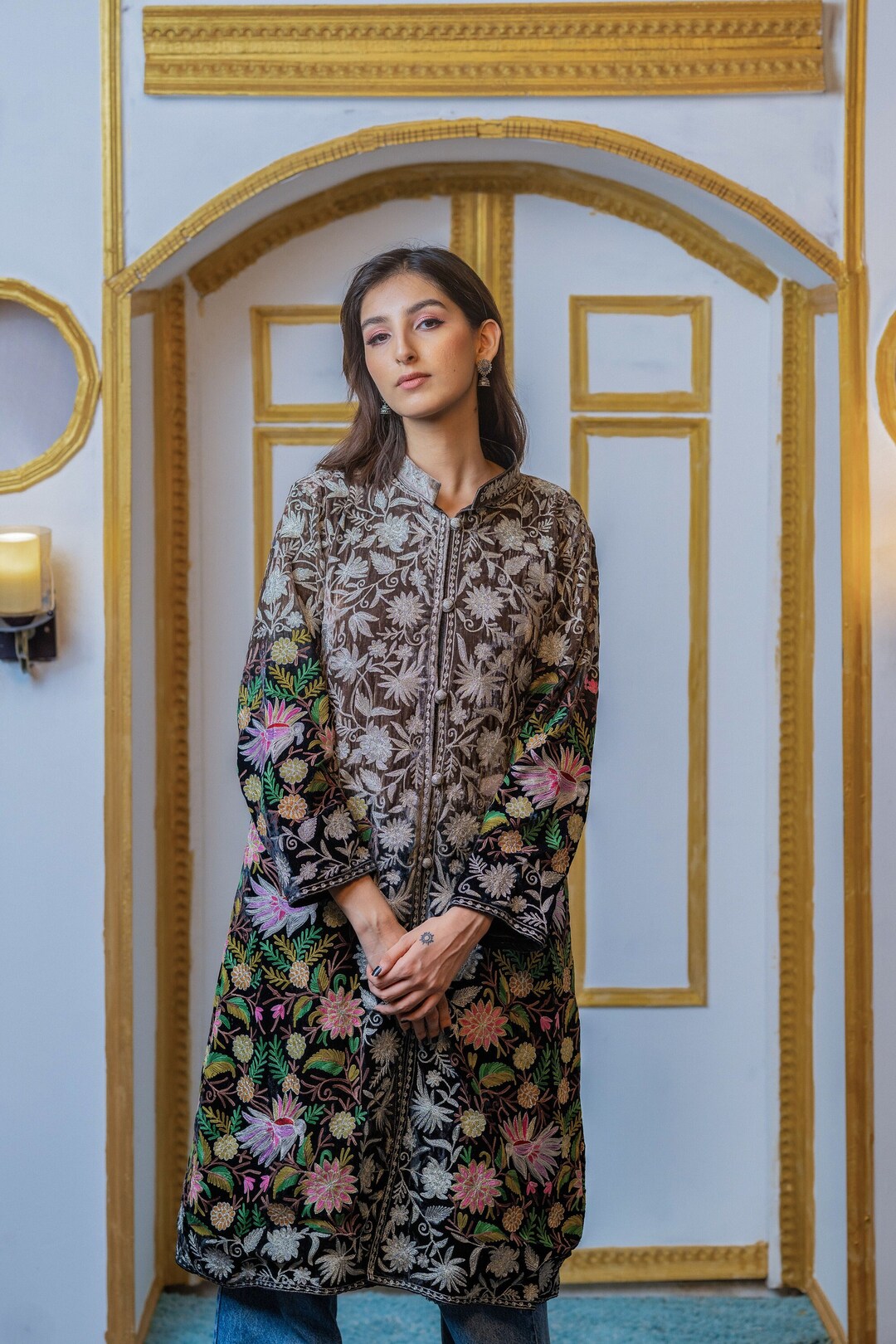 Ombre Floral Embellished Long Coat, Tilla Aari Work Kashmiri Coat ...