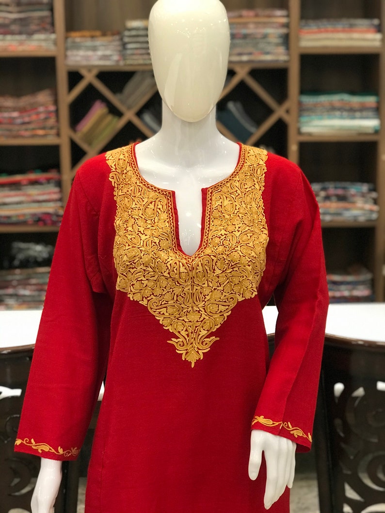 Red Woollen Phiran Tunic With Aari Embroidery, Kashmiri Firans - Etsy