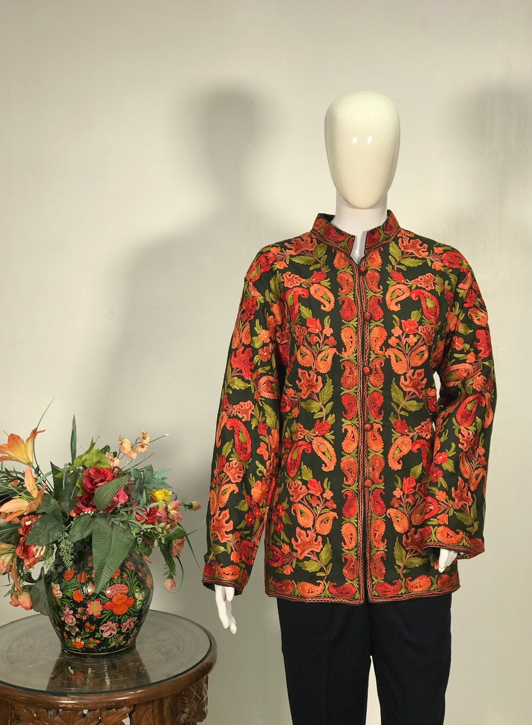 Vibrant Bottle Green Embroidered Short Length Jacket, Band Style Collar ...