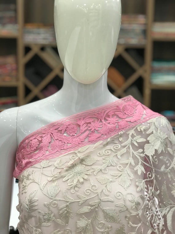 Net Saree With All-over Kashmiri Aari Embroidery Indian | Etsy