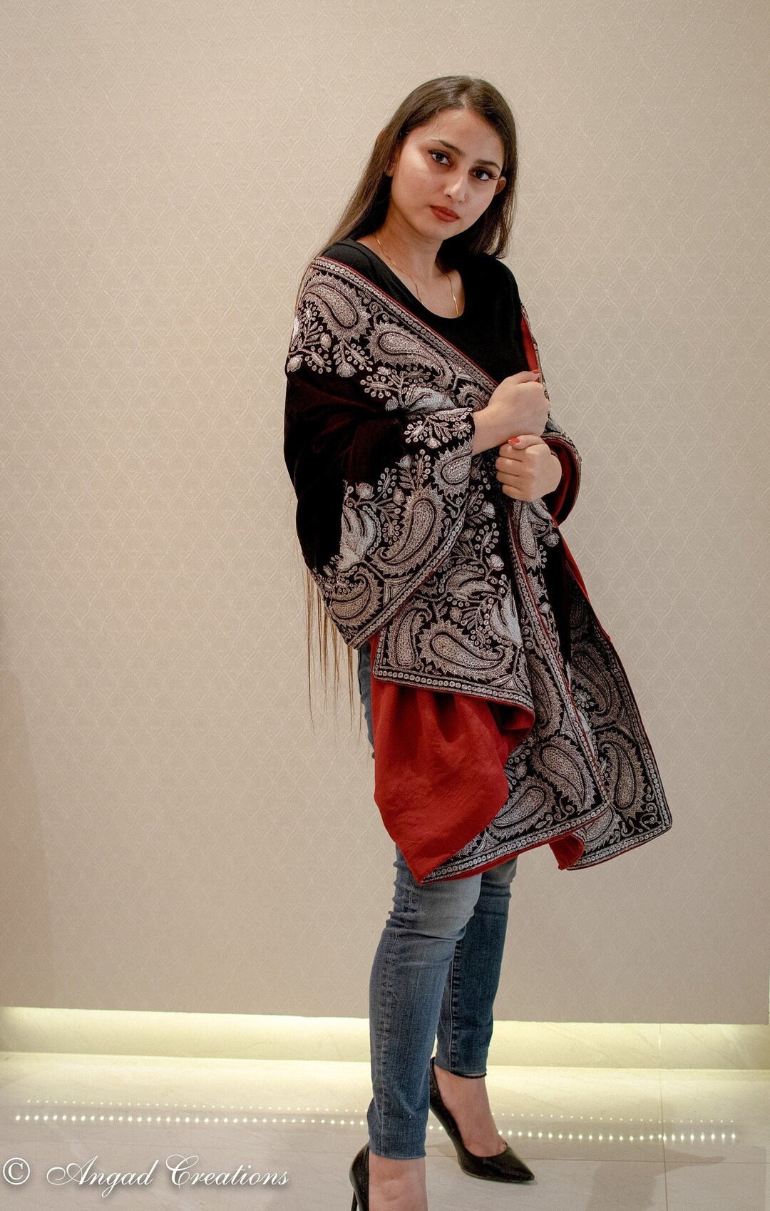 Royal Wine Velvet Shawl With Antique Tilla Work, Royal Orni, Bohemian ...