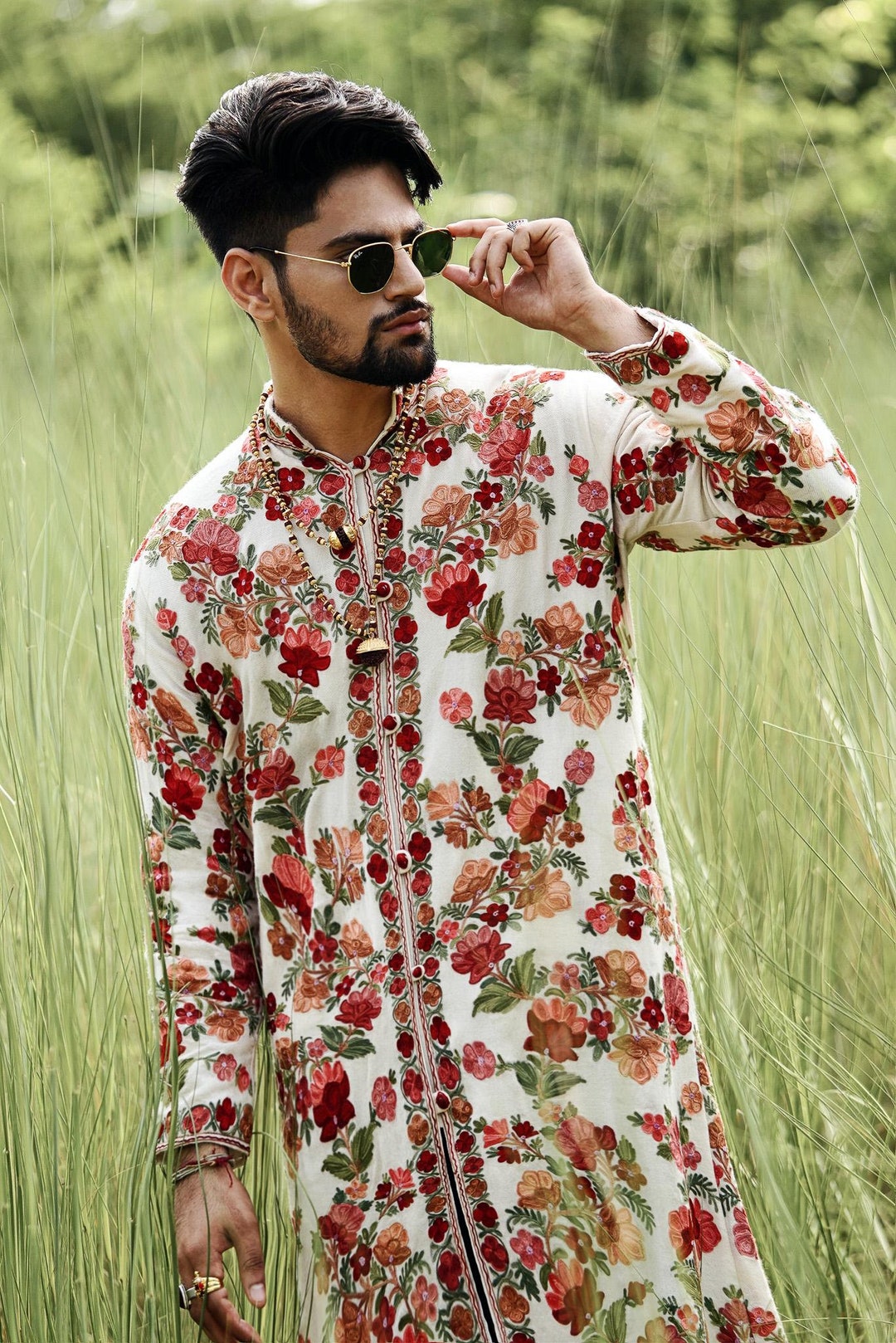 White Men’s Long Coat With Kashmiri Embroidery, Statement Mens Wear ...