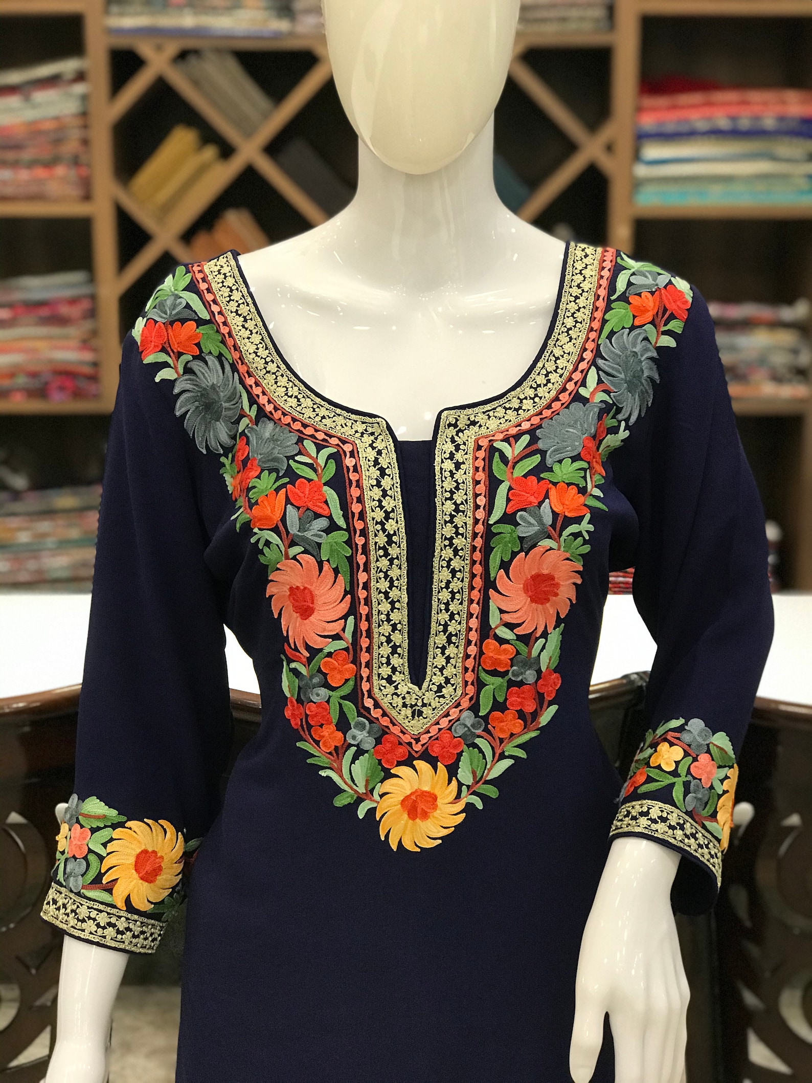 Navy Blue Kashmiri Floral Embroidery Dress Zari & Aari Fusion - Etsy