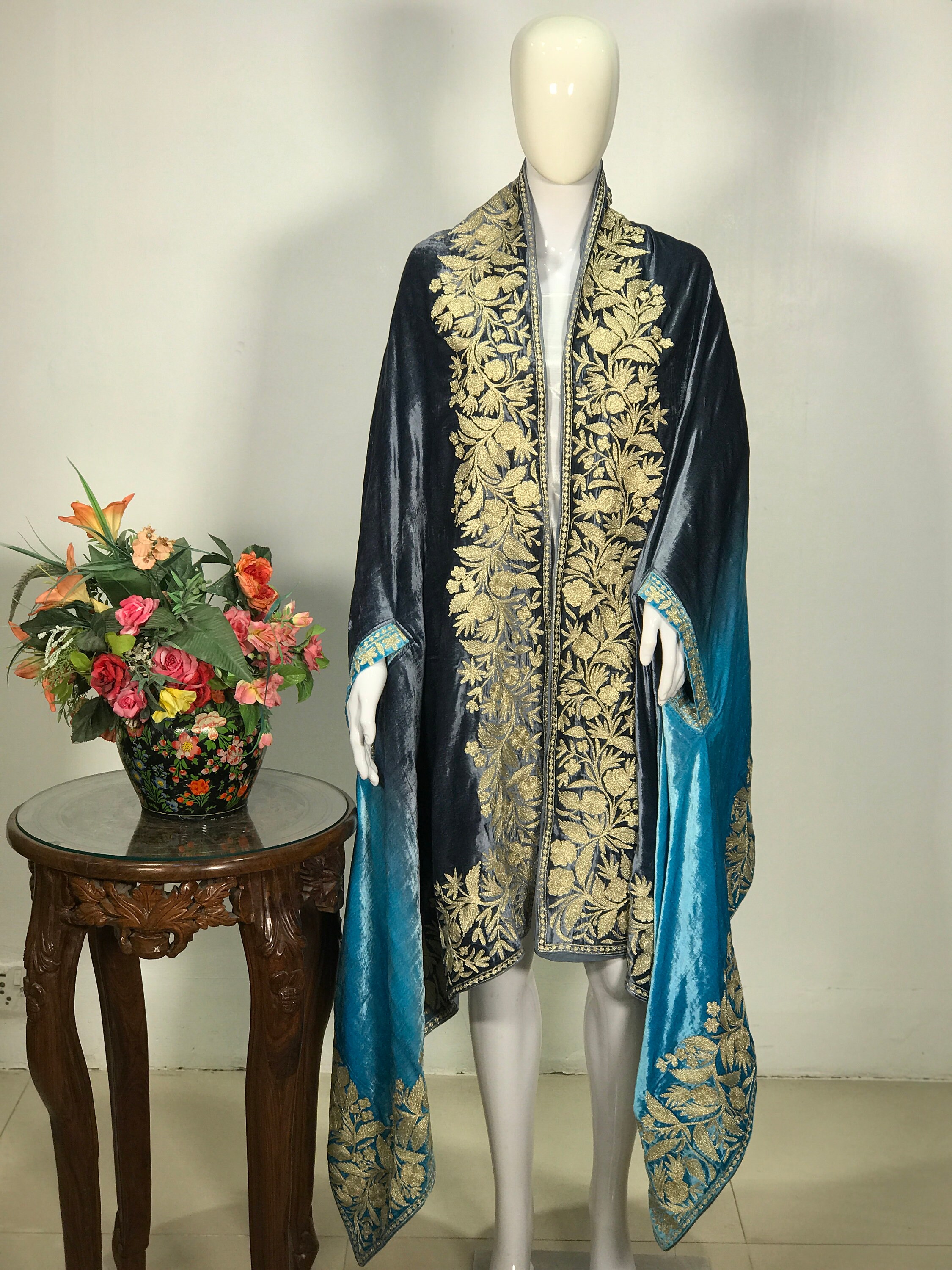 Gloss Velvet Ombre Cape, Royal Kashmir Orni Shawl, Velvet Embroidered ...