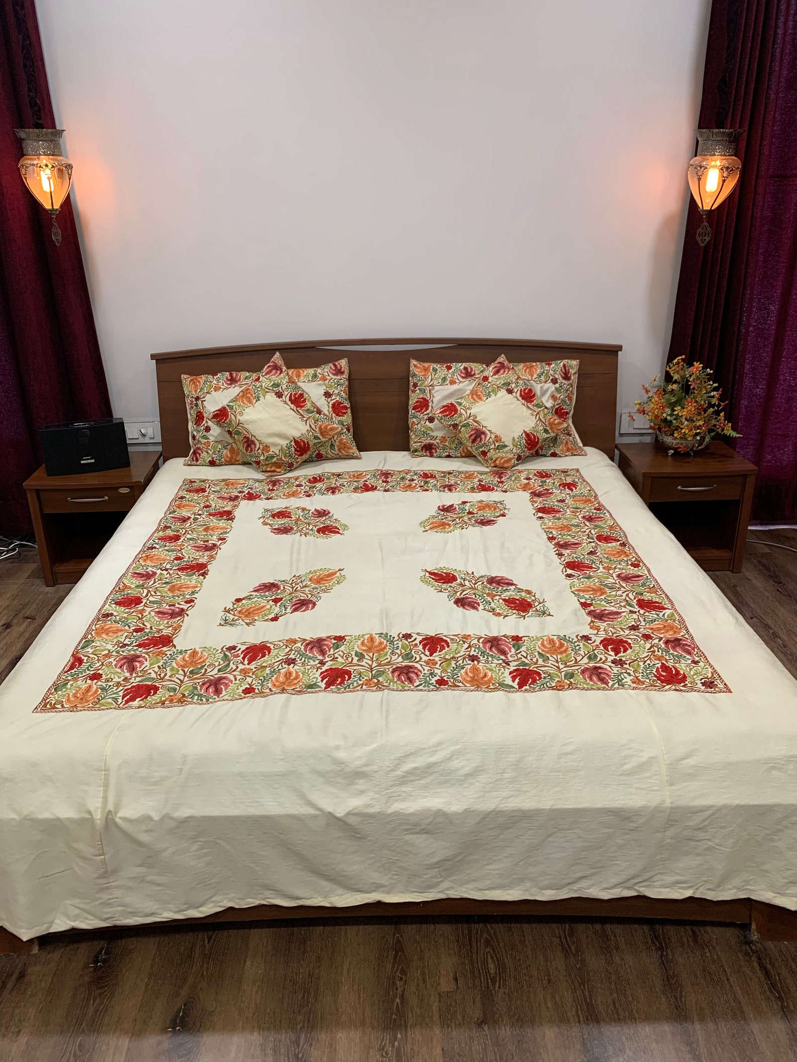Raw Silk Bed Cover With Chinar Pattern Aari Embroidery - Etsy