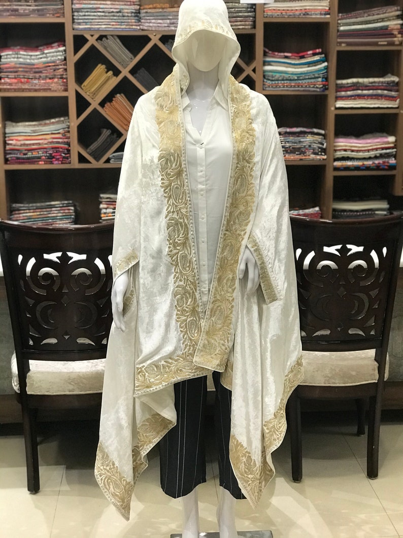 White Silk Velvet Cape Royal Kashmir Orni Shawl Hood Styled - Etsy