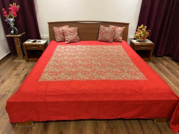 Red Raw Silk Bed Cover With Silk Thread Floral Embroidery | Etsy
