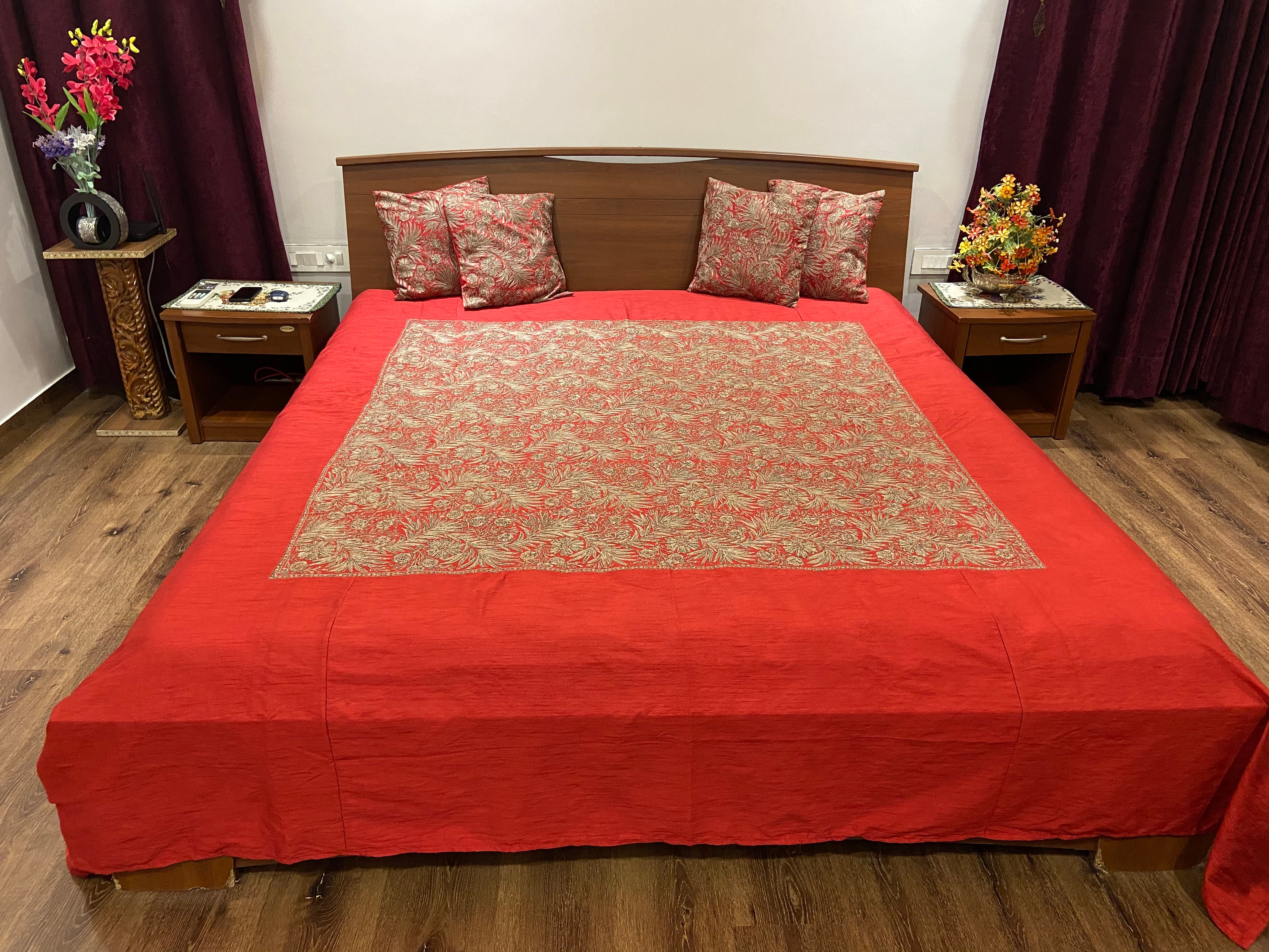 Red Raw Silk Bed Cover With Silk Thread Floral Embroidery - Etsy