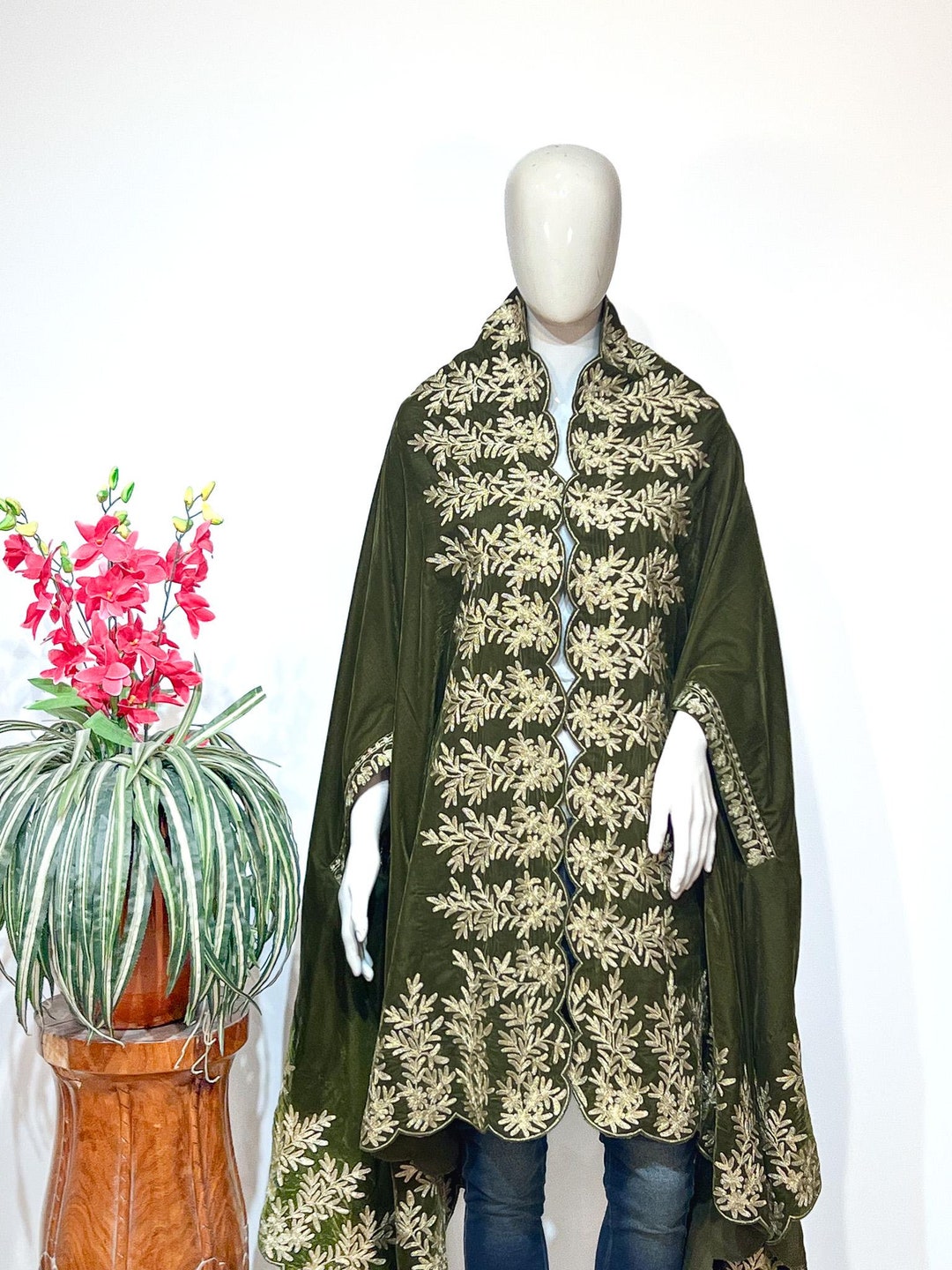 Olive Green Velvet Poncho, Velvet Cape, Embroidered Shawl, Kashmiri ...