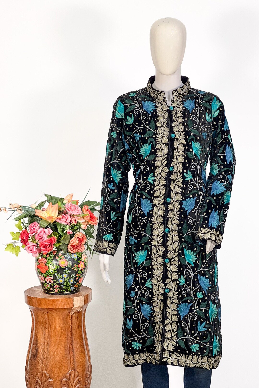 Long All Over Floral Embroidered Long Coat, Tilla Aari Work Kashmiri ...