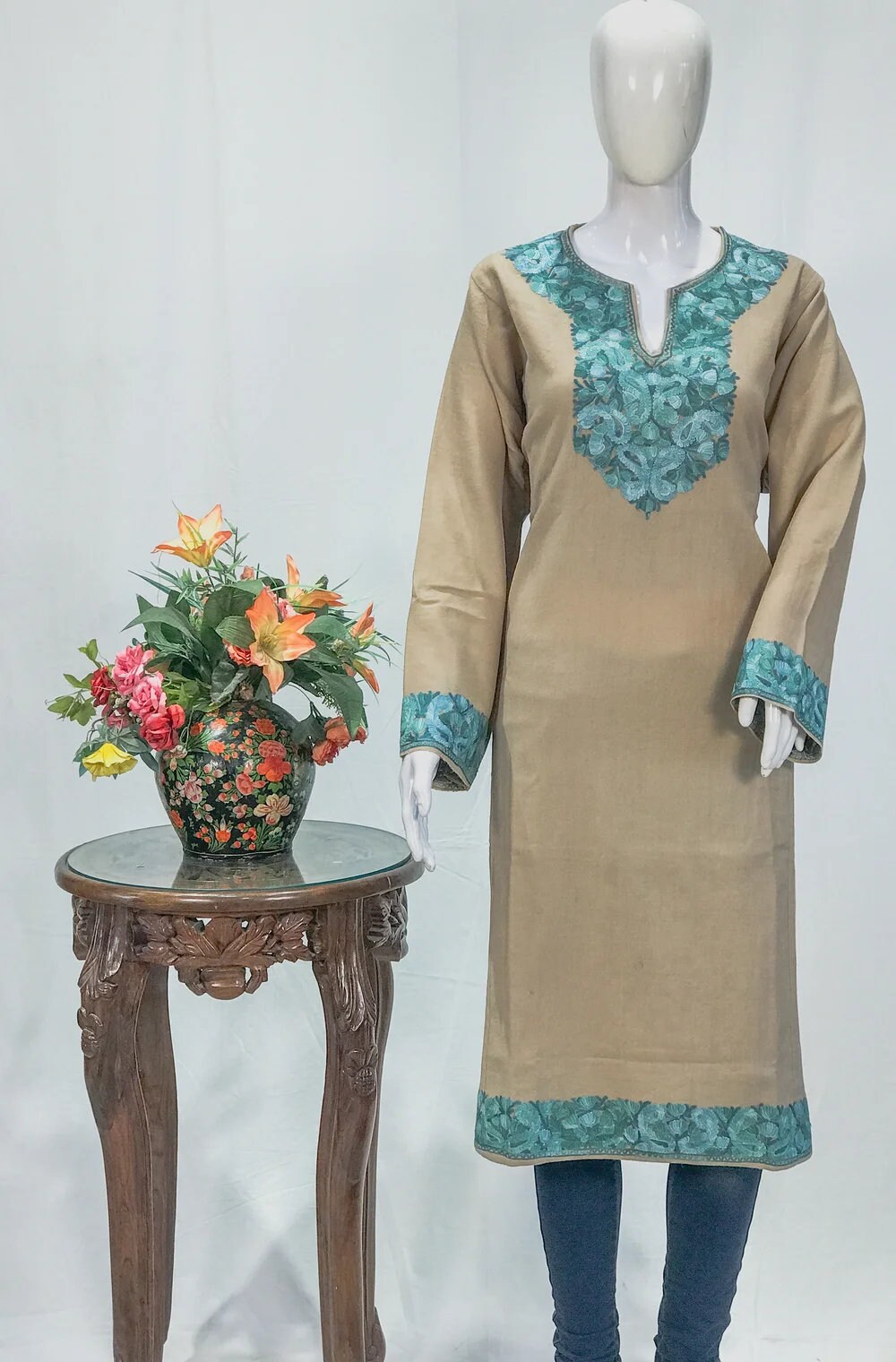Light Beige Woollen Phiran With Multi-colour Aari Work, Comfortable ...