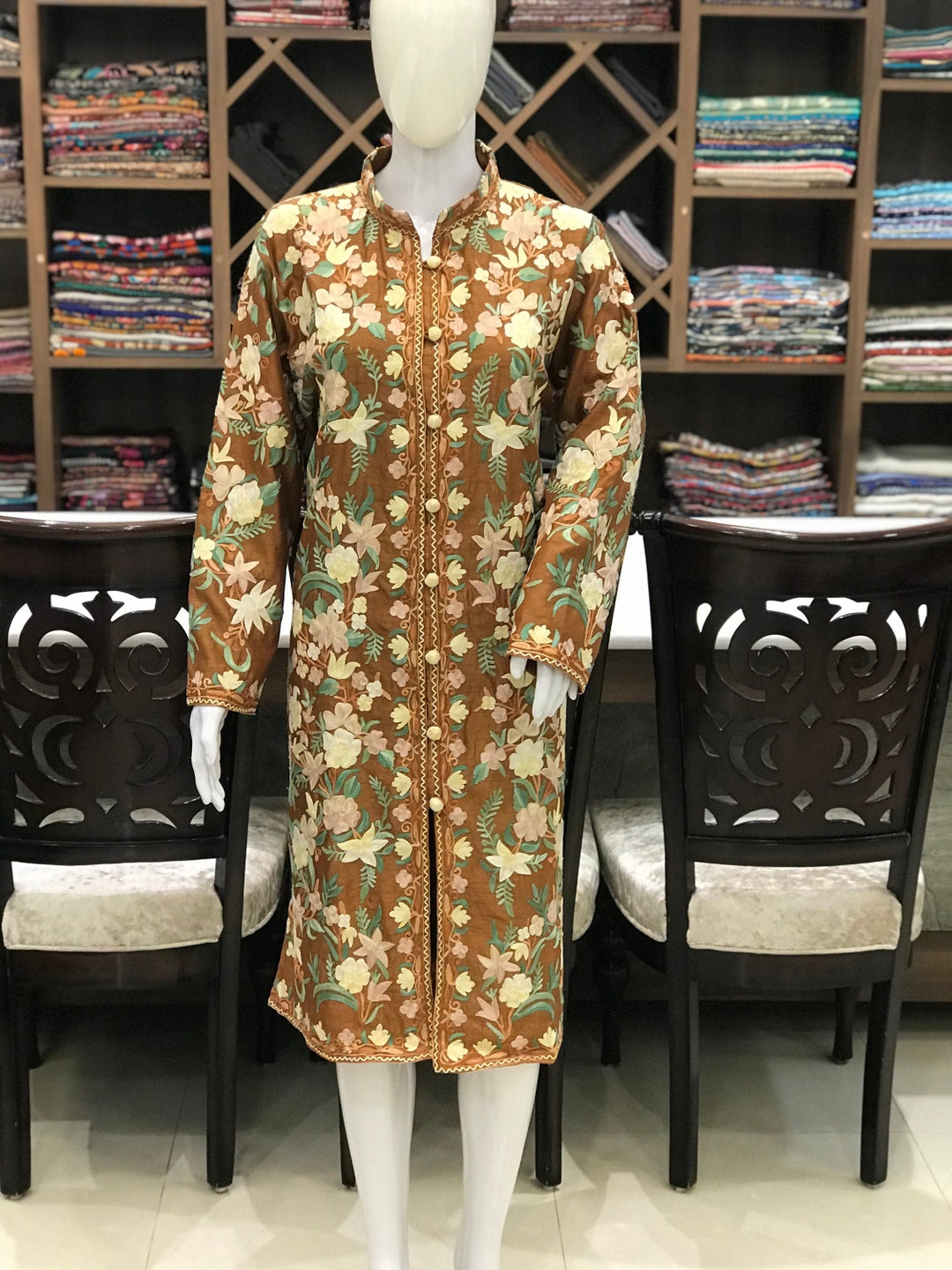 Brown Silk Coat With Multi-color Embroidery, Long Hippie Coats ...