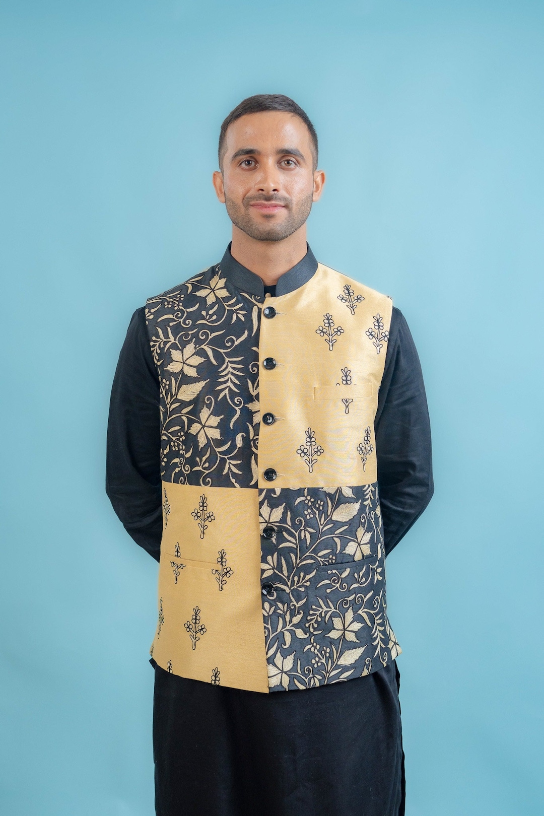Art Raw Silk Men Kashmiri Nehru Jacket With Aari Embroidery, Black ...