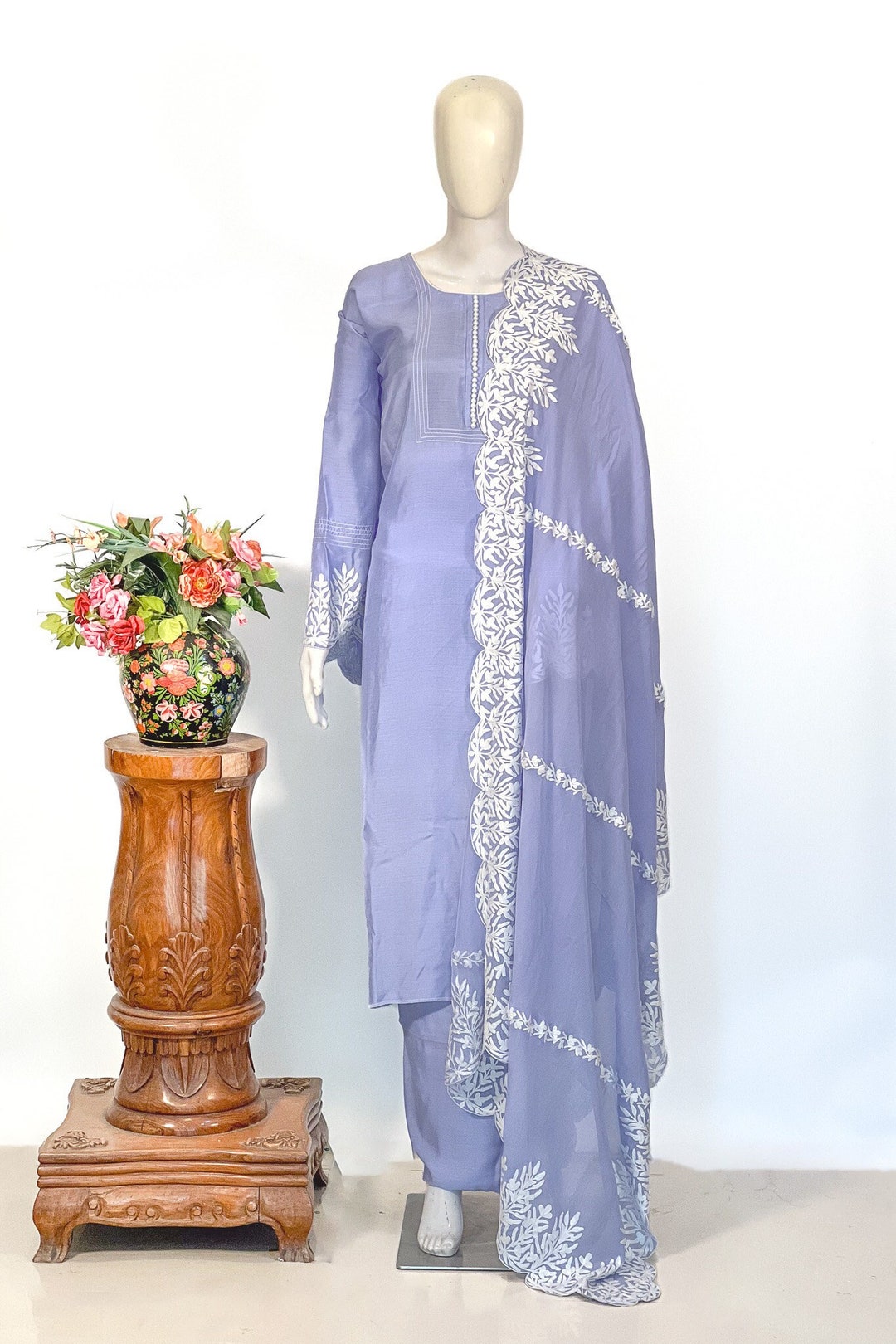 Powder Blue Women Salwar Suit With Kashmiri Aari Embroidery, Party Wear ...