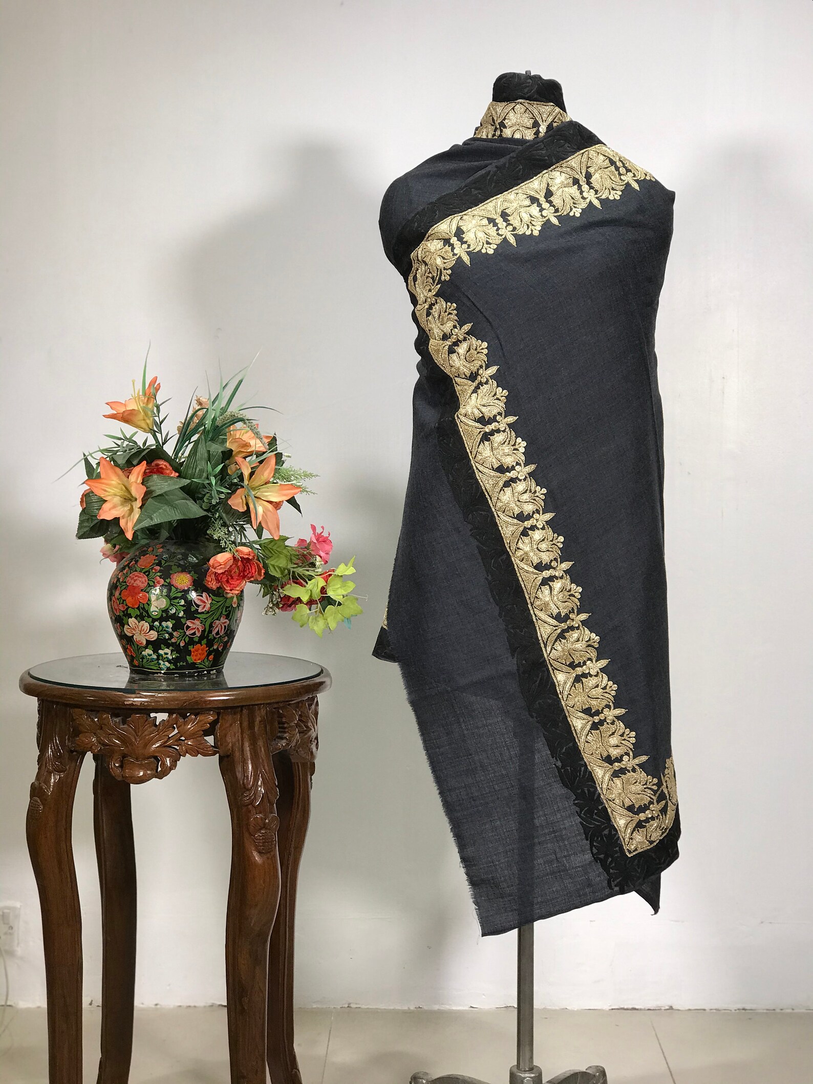 Melange Ash Grey Pure Wool Shawl with Tilla & Aari Embroidery | Etsy