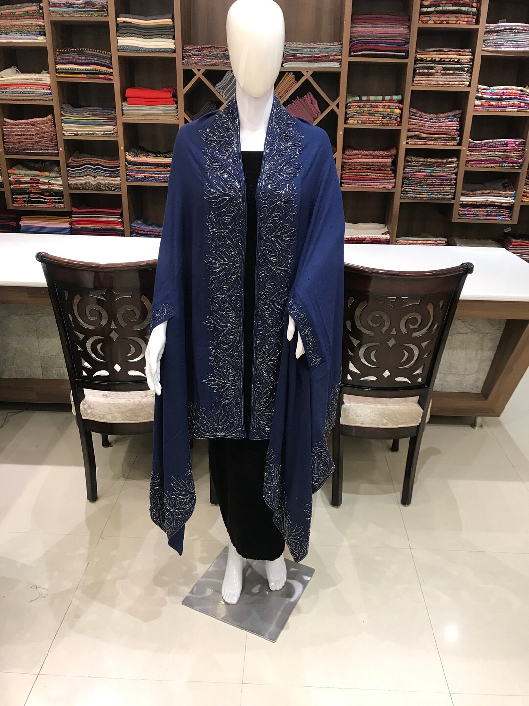 Blue Pure Wool Cape With Hand Cut Daana Work, Pure Wool Poncho ...