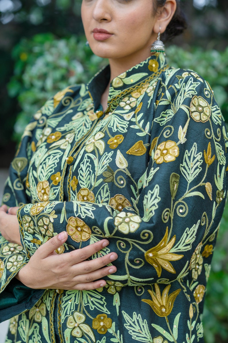 Green Floral Embroidered Long Coat With Hand Cut Daana, Indian Coat ...
