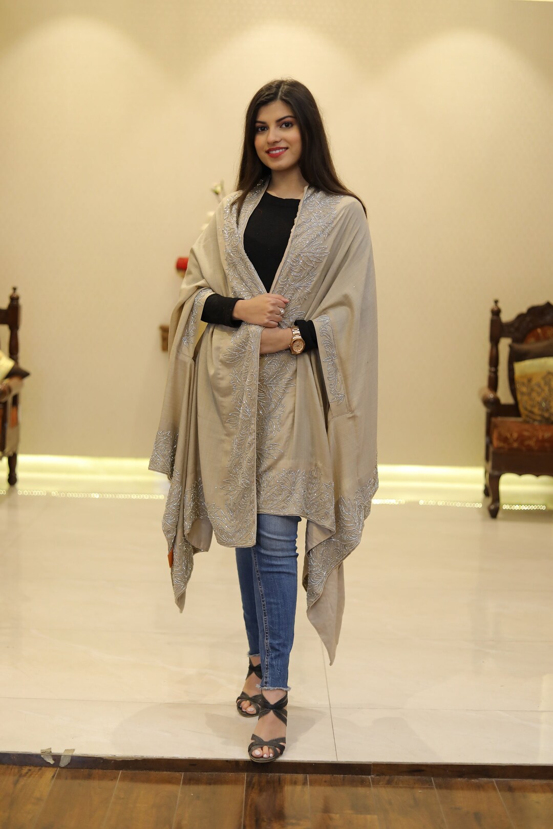 Fawn Pure Wool Cape With Hand Cut Daana Work, Pure Wool Poncho, Beige ...