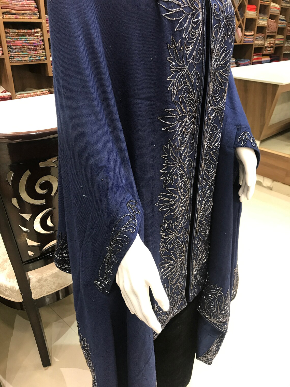 Blue Pure Wool Cape With Hand Cut Daana Work, Pure Wool Poncho ...