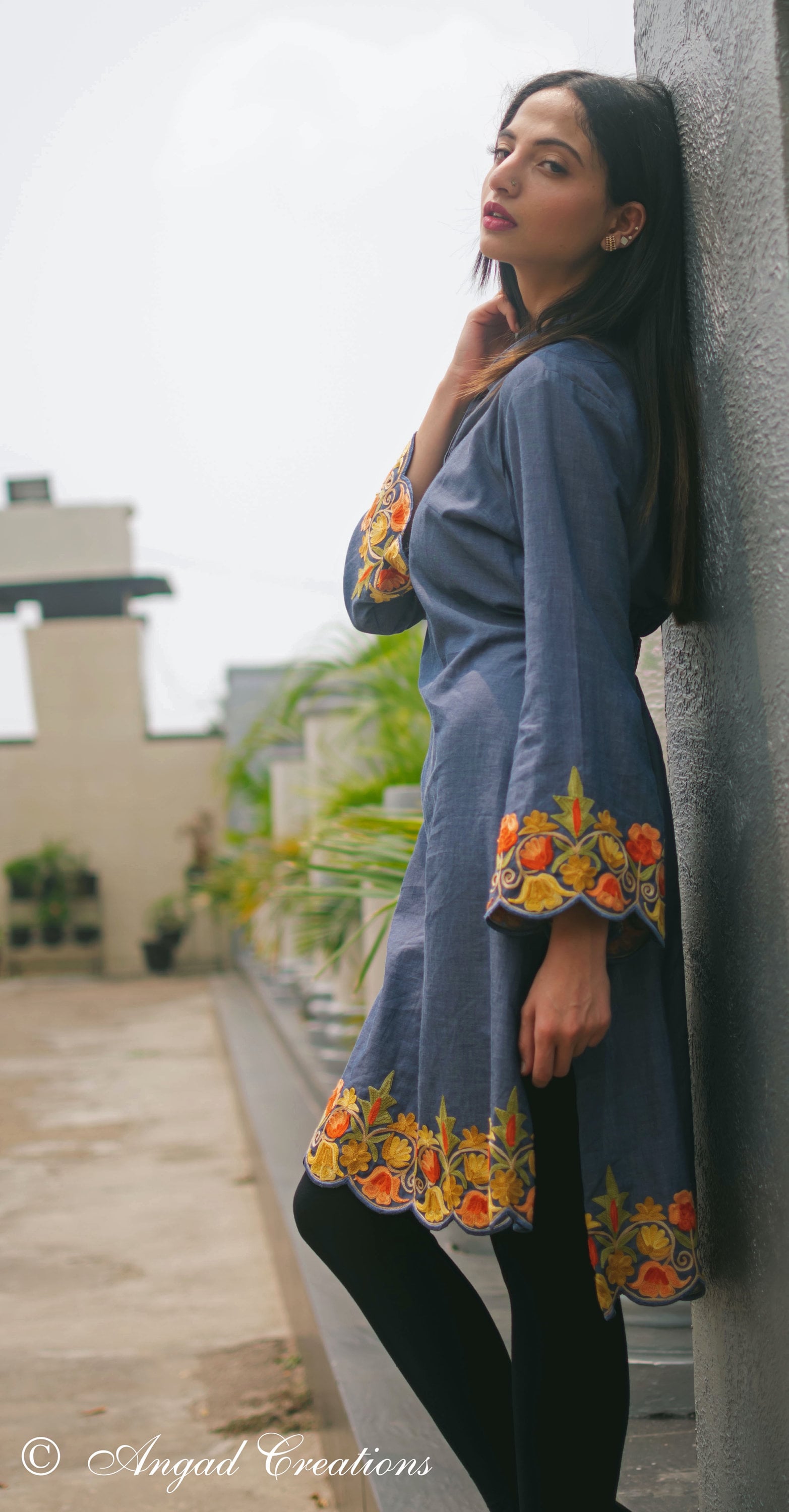 Denim Tunic Top Featuring Thread Embroidery With Scalping, Kashmiri ...