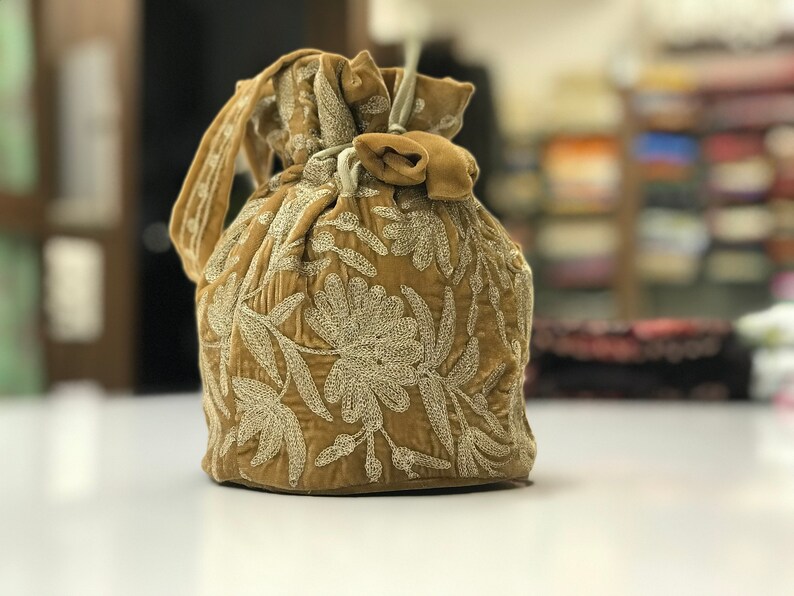 Gold Velvet Zari Embroidered Potli Bag, Indian Magic Bag, Drawstring ...