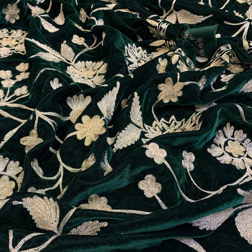 Green Velvet Running Fabric With Floral Pattern Zari - Etsy