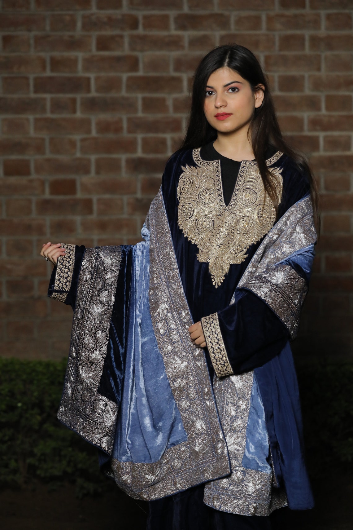 Navy Blue Velvet Phiran With Tilla Embroidery Kashmiri - Etsy