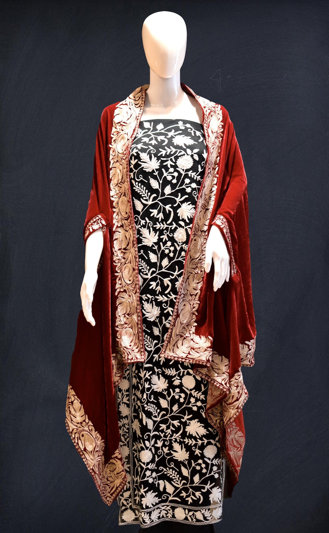 Red Velvet Cape, Paisley-chinar Design Woman Shawl, Red Velvet ...