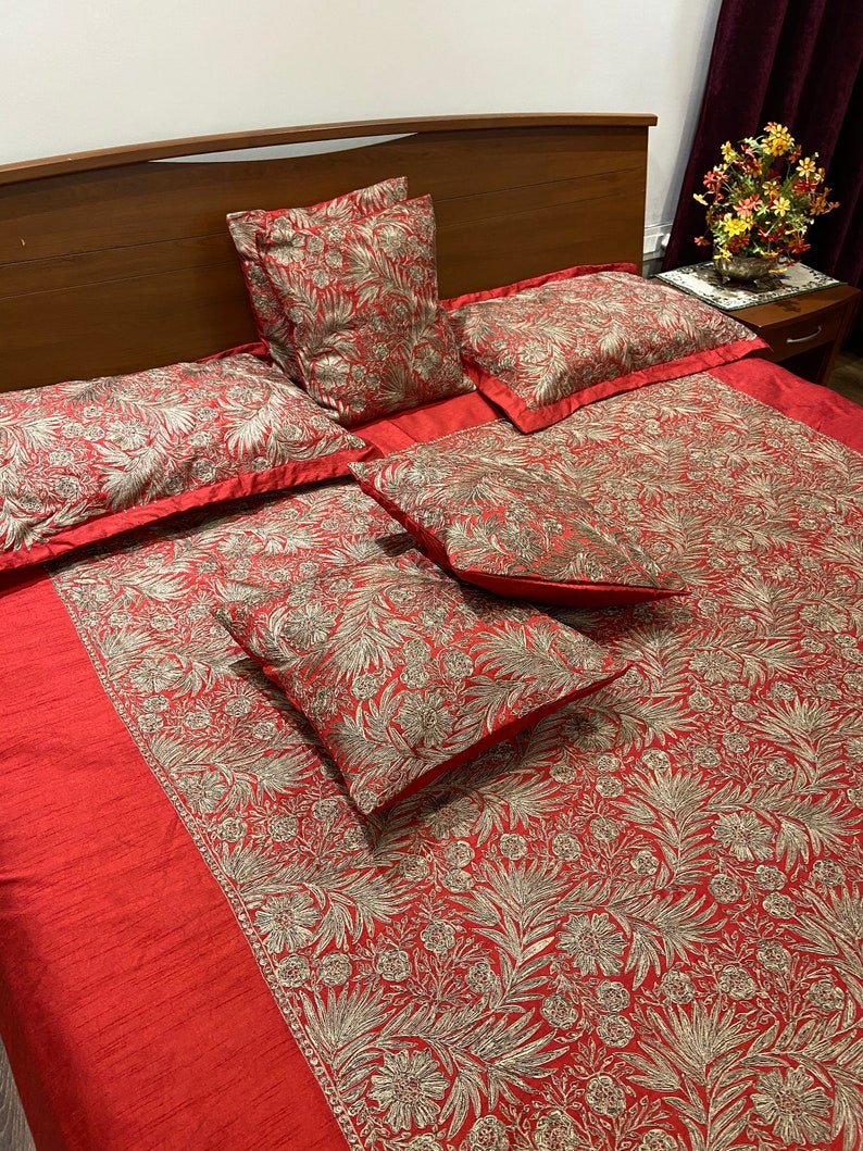 Red Raw Silk Bed Cover With Silk Thread Floral Embroidery, Beautiful ...