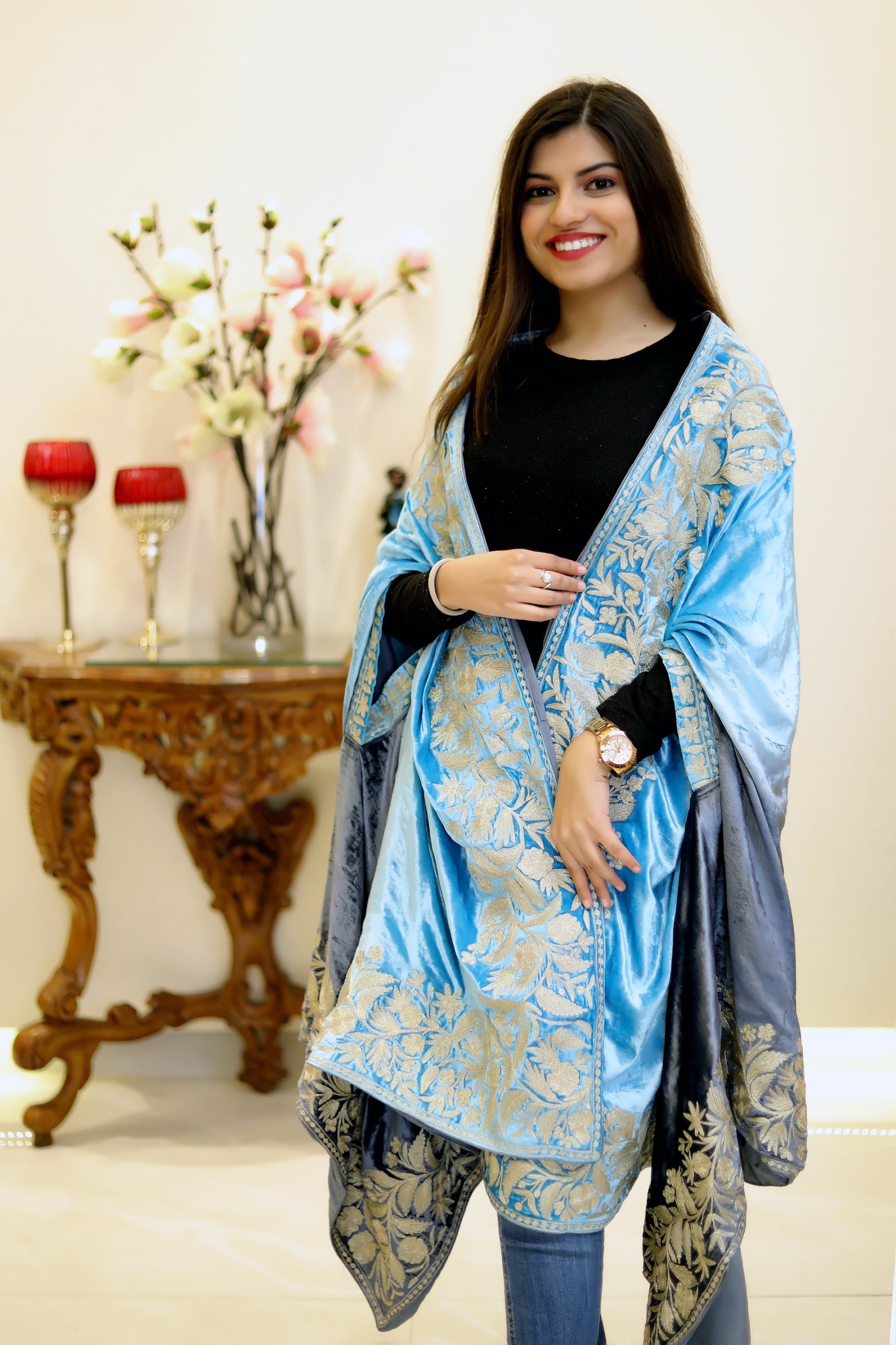 Gloss Velvet Ombre Cape, Royal Kashmir Orni Shawl, Velvet Embroidered ...