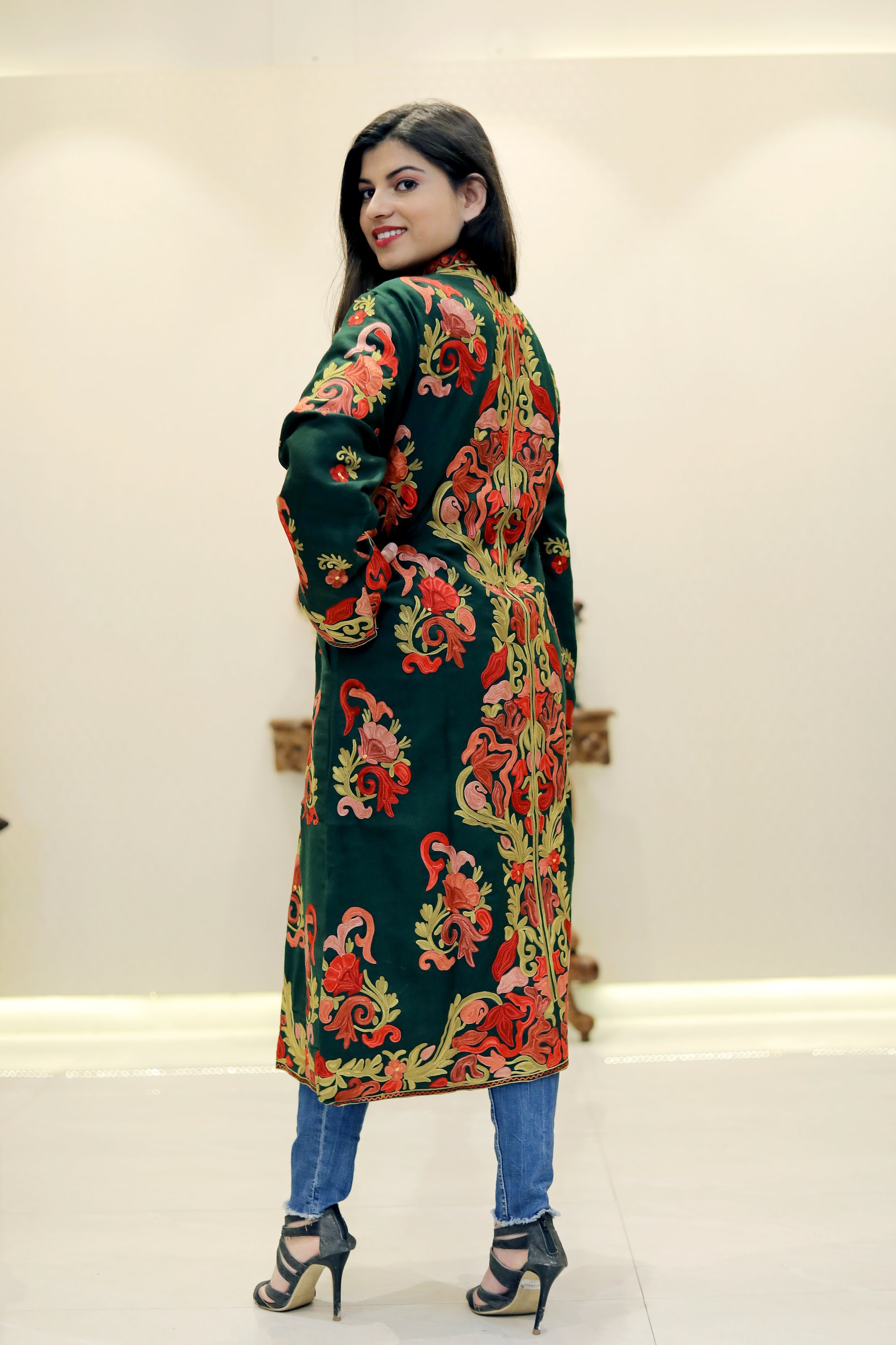 Bottle Green Long Overcoat Embroidered Coat for Woman - Etsy Polska