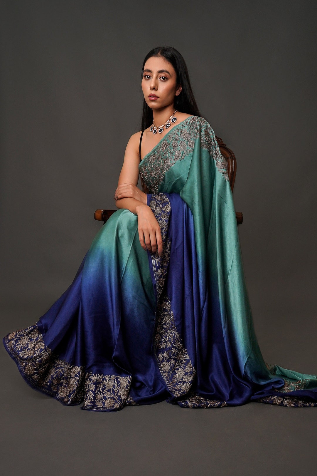 Pure Satin Ombré Shaded Saree With Tilla and Thread Embroidery ...