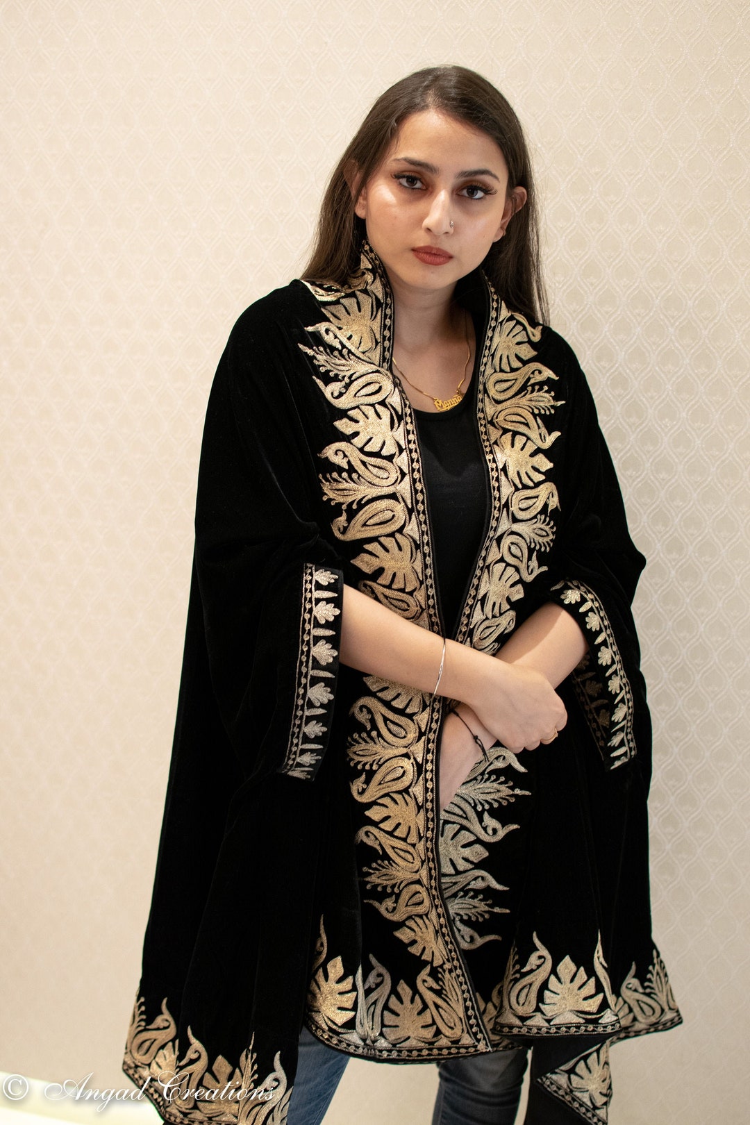 Velvet Poncho, Velvet Cape, Embroidered Shawl, Kashmiri Poncho, Black ...